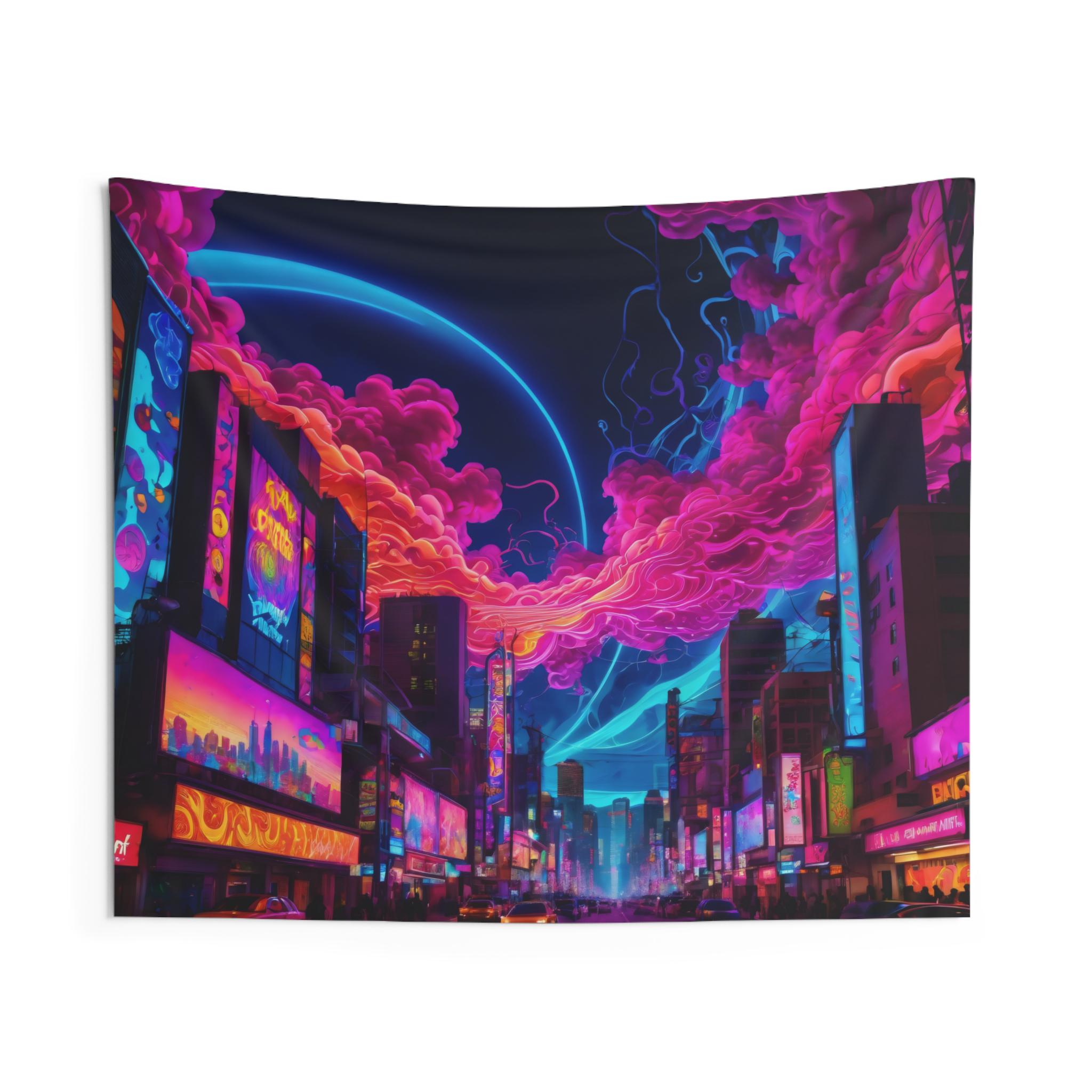 UV Reactive Cityscape Wall Tapestry, Pink Smoky Clouds, Blacklight Dorm ...