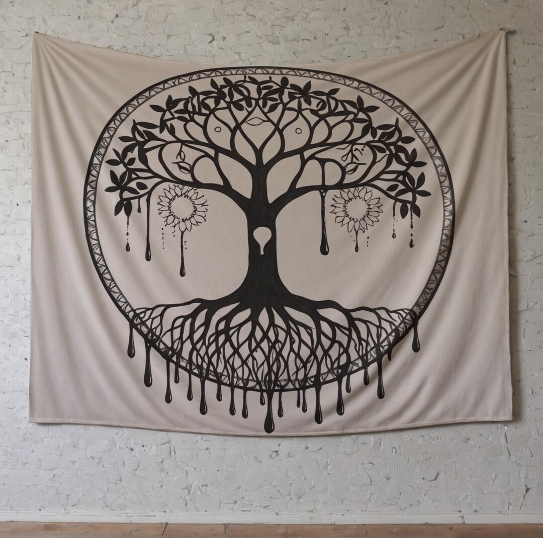 Dripping Tree of Life Tapestry, Black Drip Paint Art Style, Wall ...