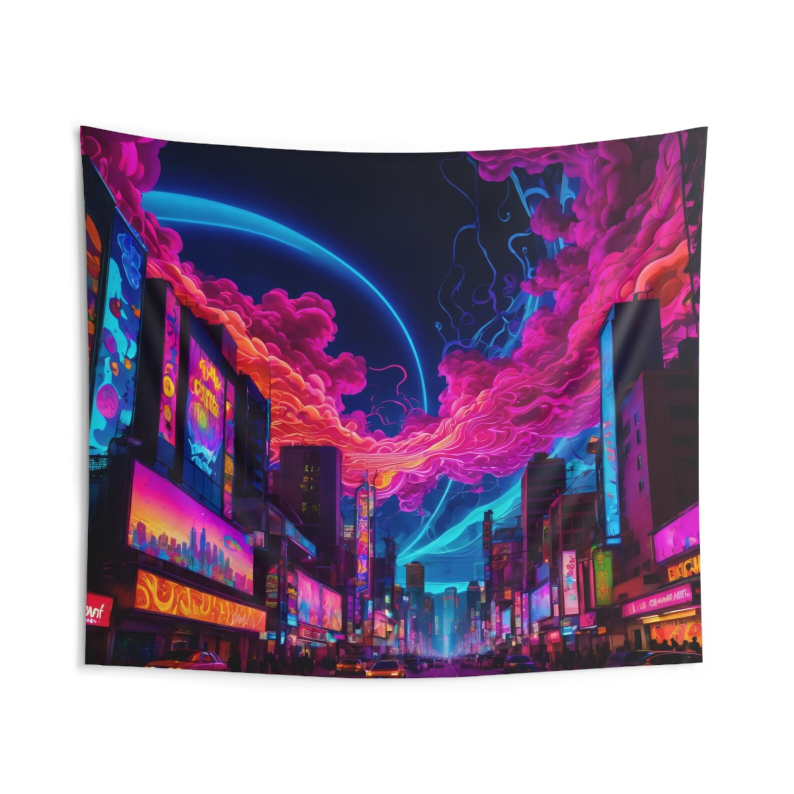 UV Reactive Cityscape Wall Tapestry, Pink Smoky Clouds, Blacklight Dorm ...