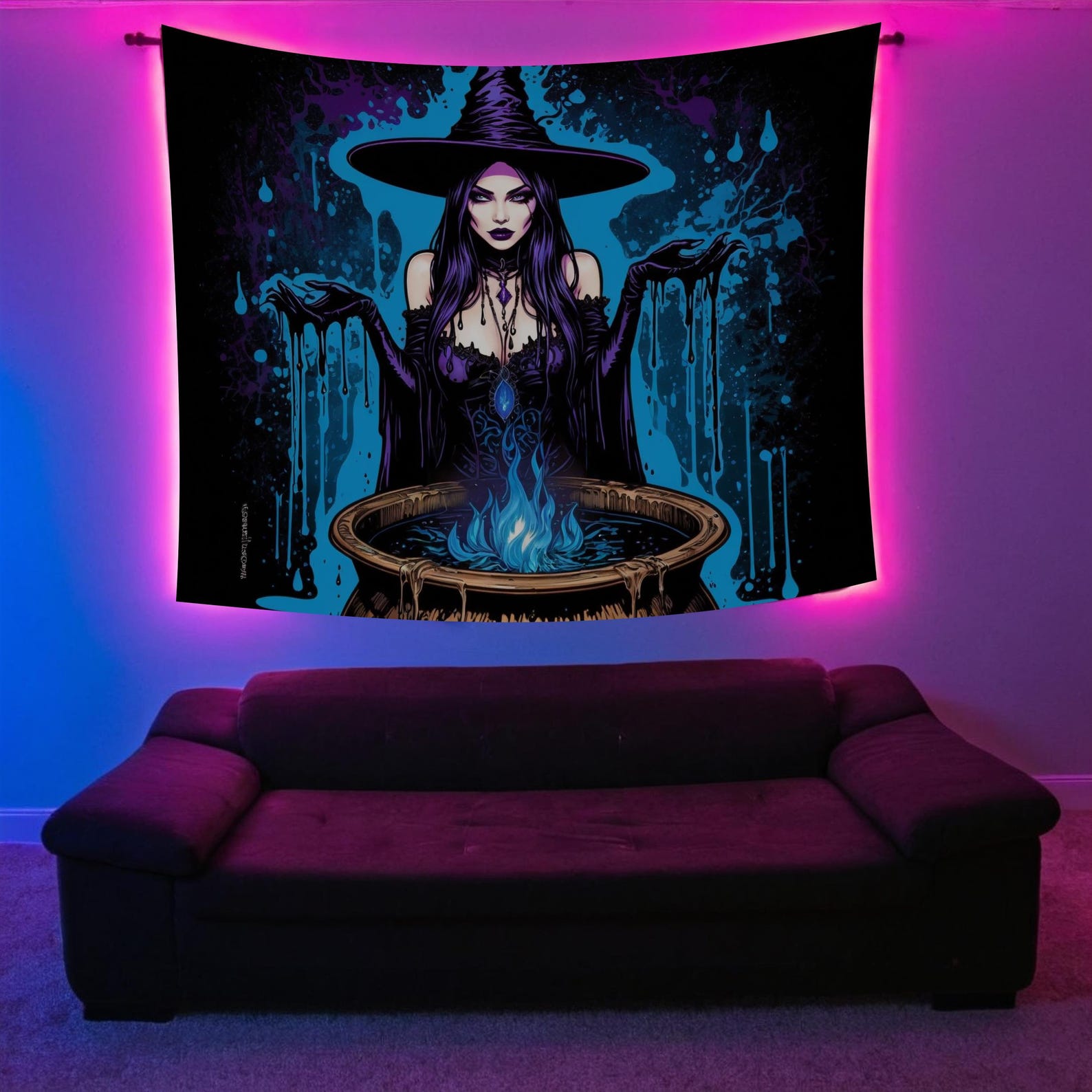 Witch Cauldron Tapestry, UV Reactive Wall Hanging, Paint Drip Art ...