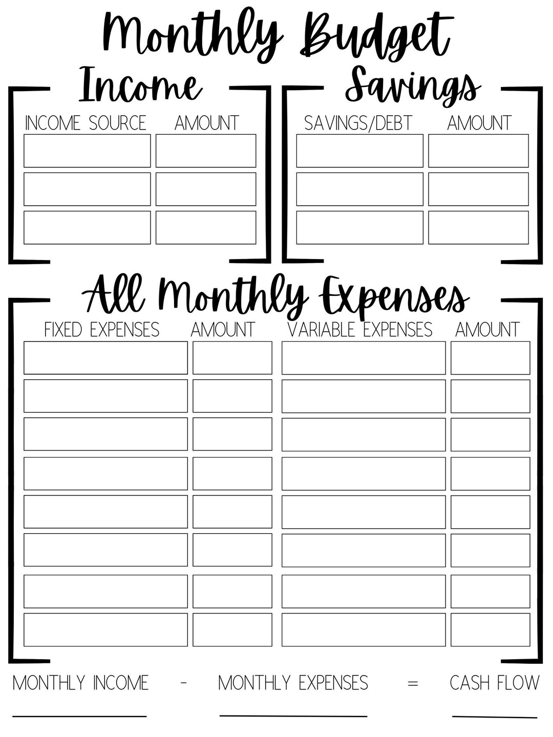 Monthly Budget Worksheet - Etsy