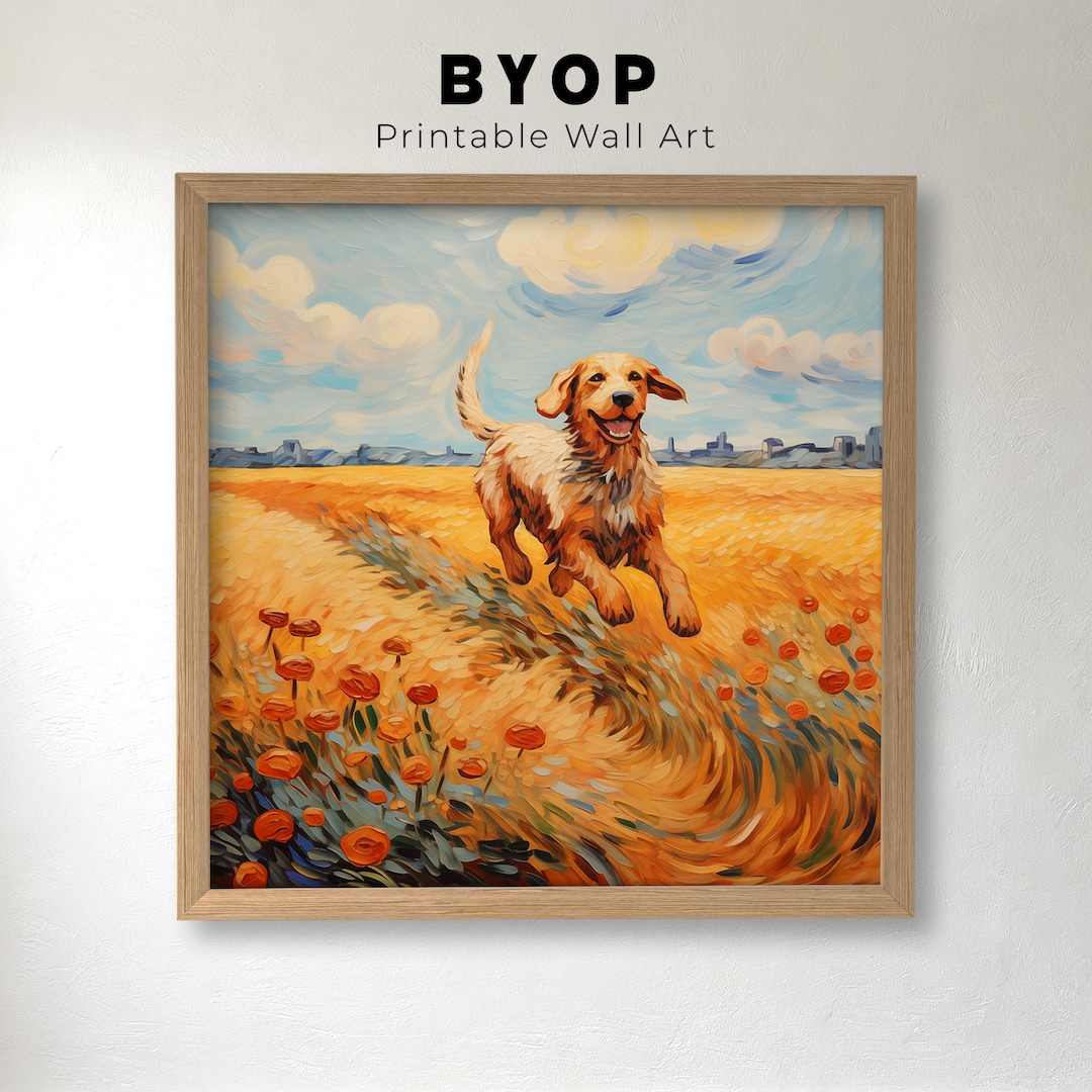 Expressionist Oil Painting of Dog in Field With Flowers, Printable Wall ...