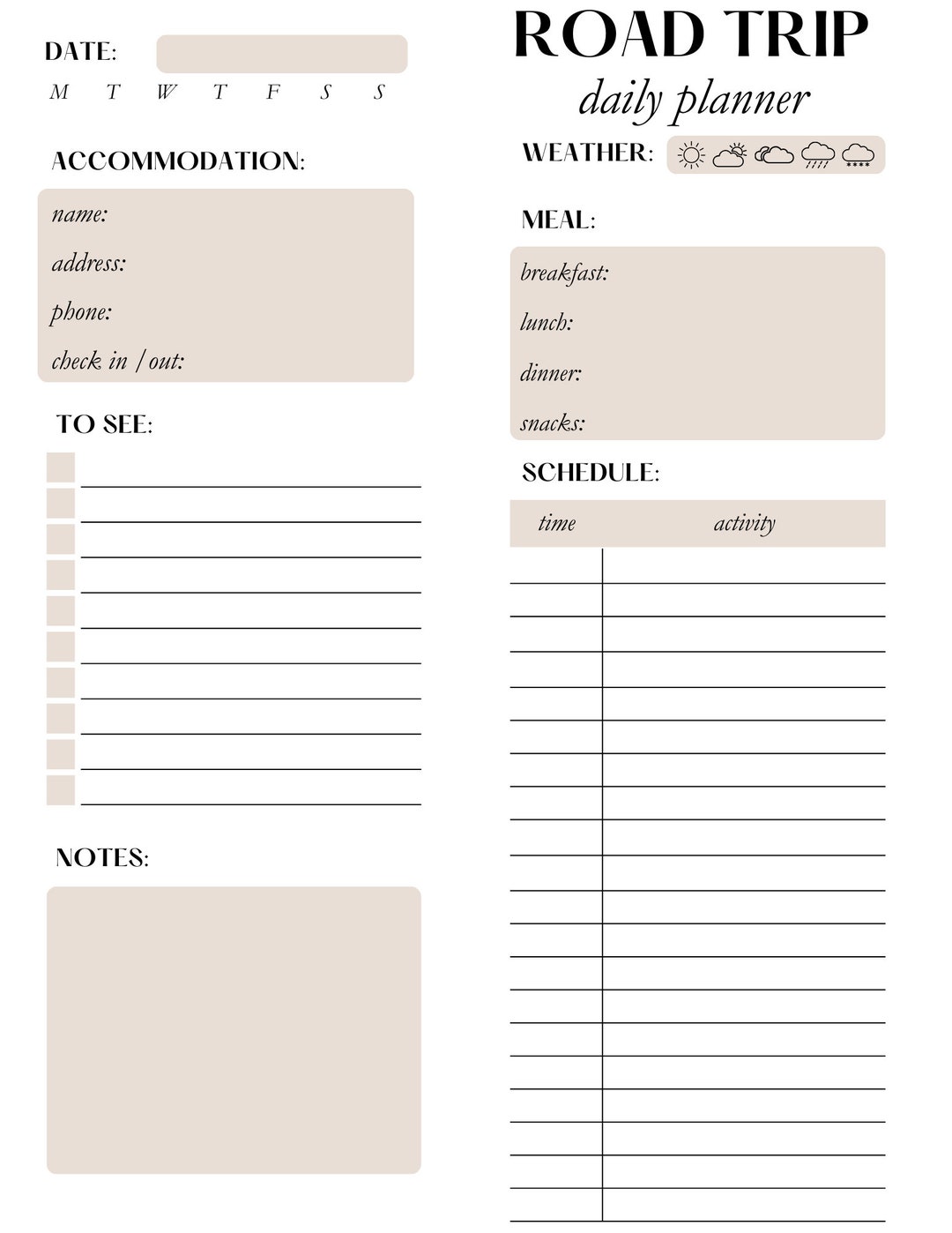 Roadtrip Daily Planner, Instant Download, Roadtrip, Daily Schedule ...