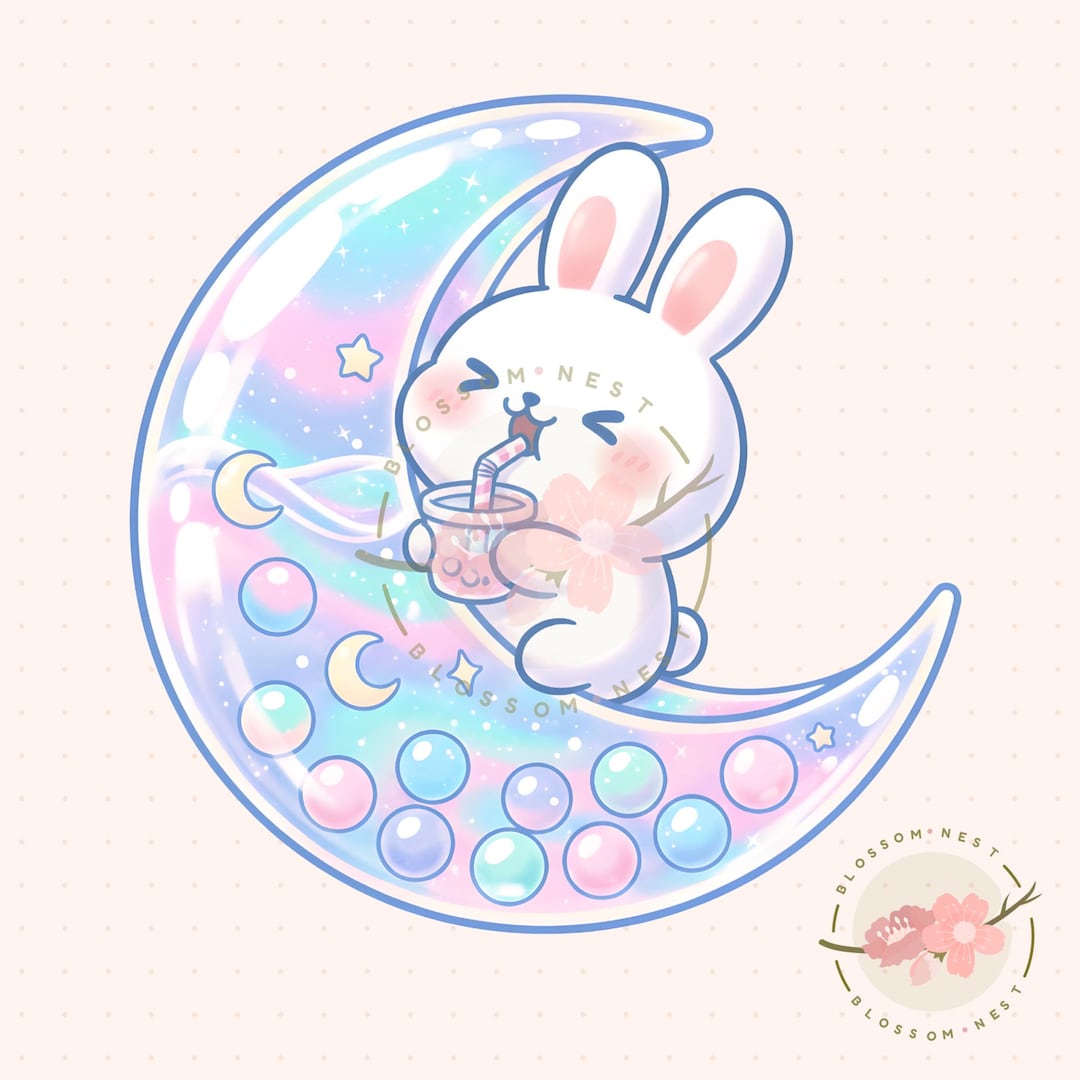 Kawaii Pastel Moon Bunny Bubble Tea Clipart PNG, Chibi Drinking Boba ...