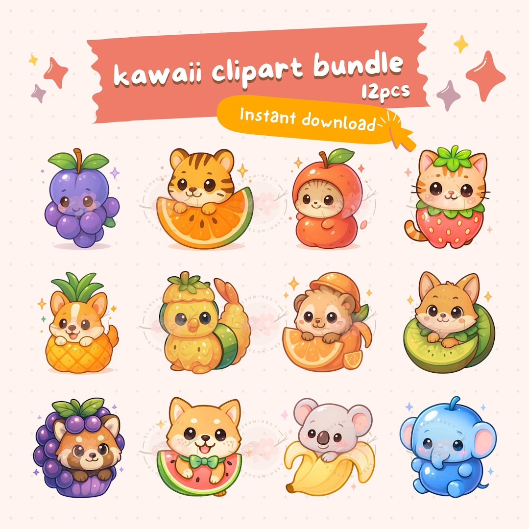 Kawaii Fruit Animal Clipart, Food PNG, Printable Stickers, Banana ...