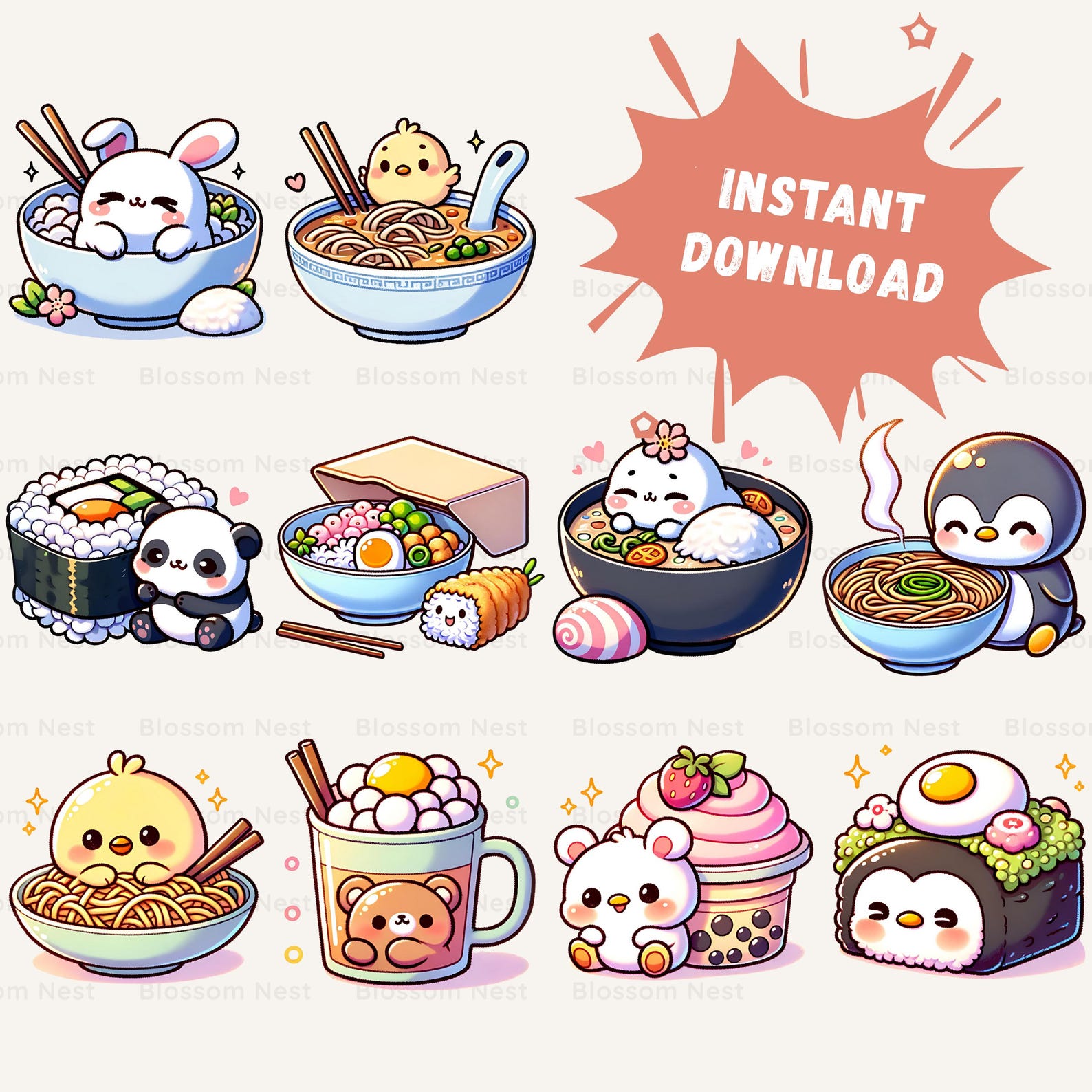 Kawaii Japanese Food Clipart Bundle, Cute Food PNG, Printable Stickers ...