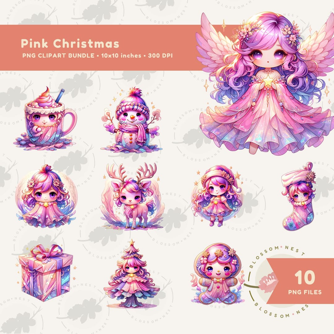 Pink Chibi Christmas Clipart Bundle, Christmas Chibi, Pink Christmas ...