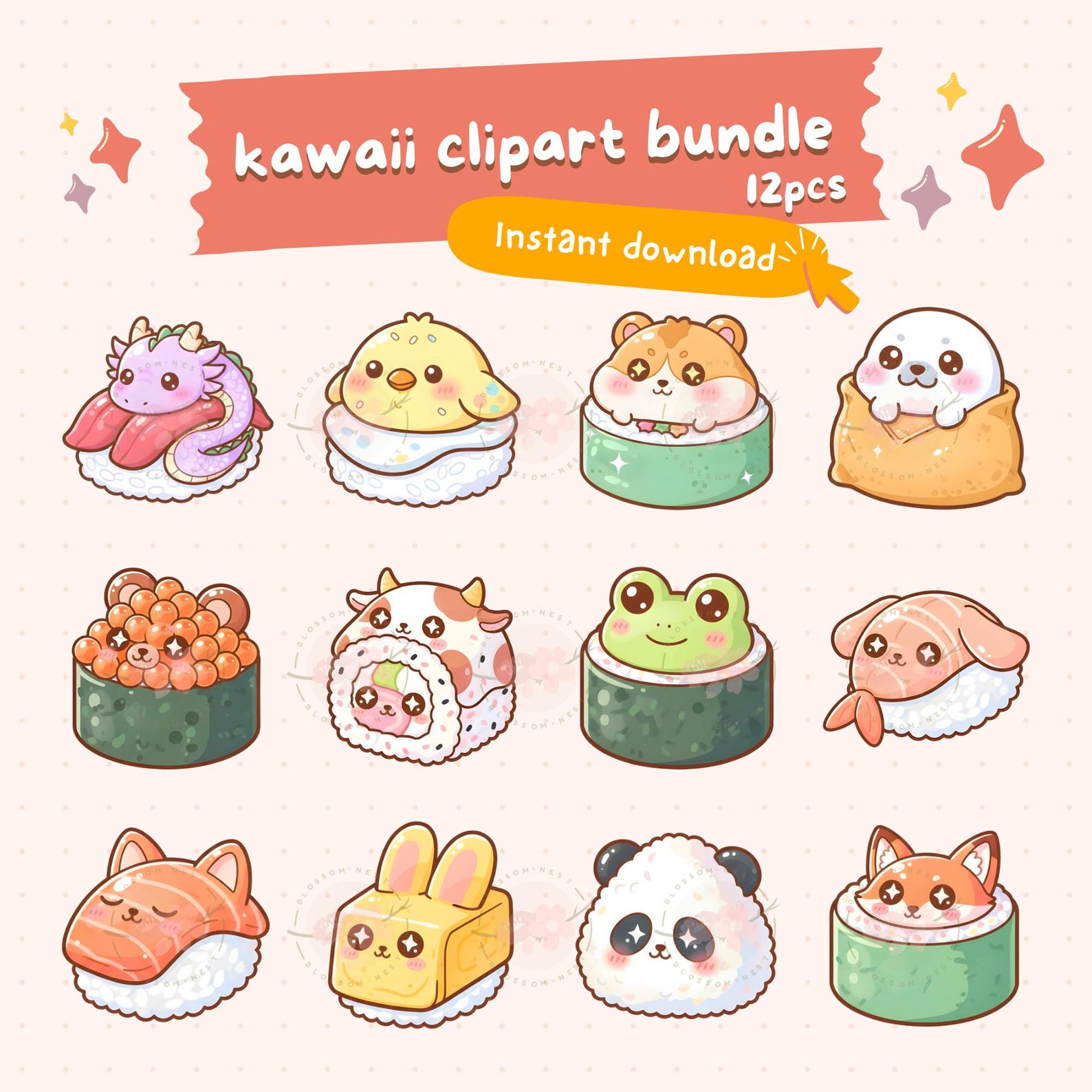 Kawaii Sushi Animal Clipart Bundle PNG, Chibi Sushi Pets Illustrations ...
