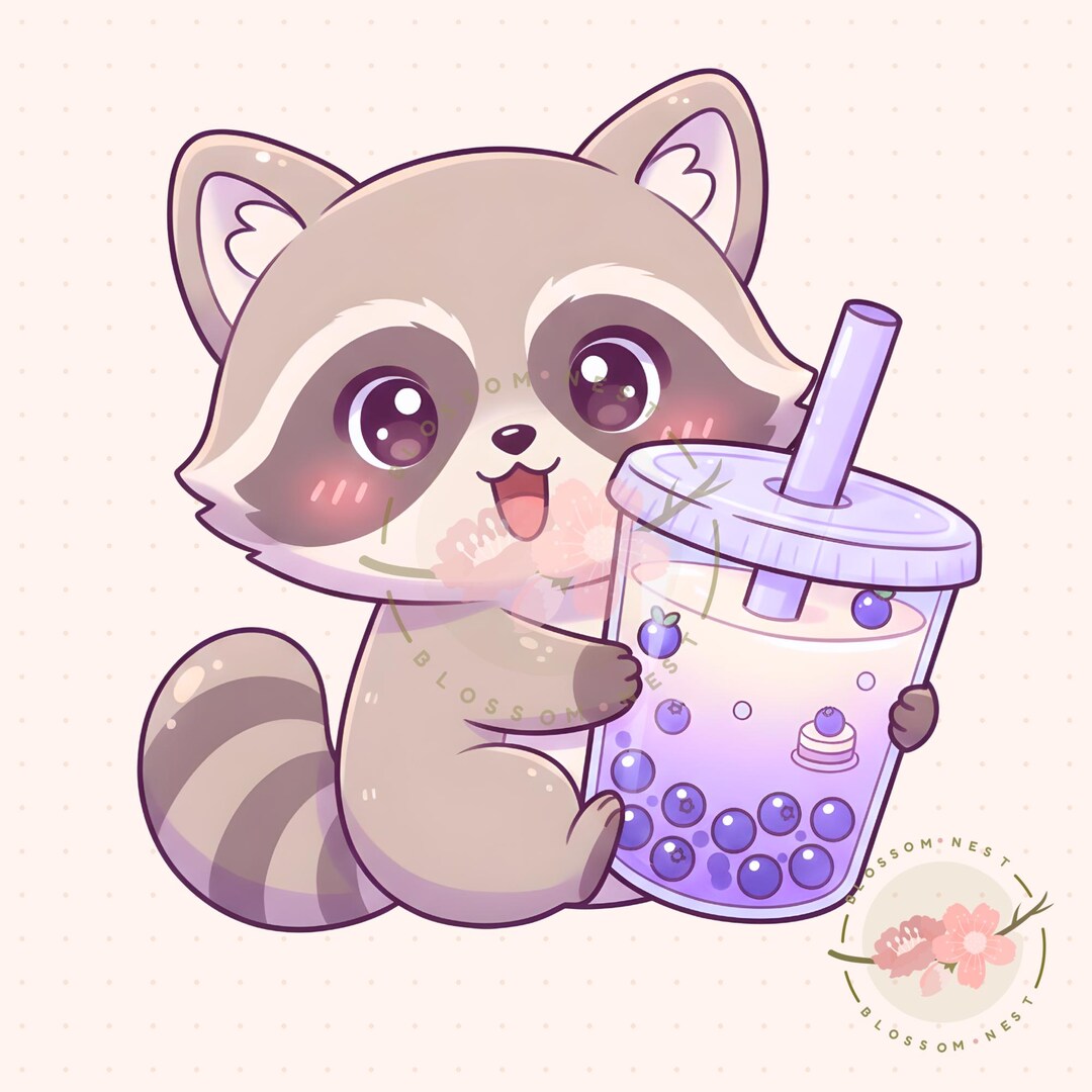 Kawaii Raccoon Blueberry Boba Clipart Png, Chibi Raccoon Holding Bubble ...