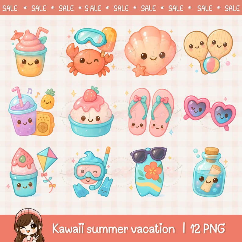 Cute Kawaii Summer Beach Treats Clipart, Kawaii Food, Tropical Stickers ...