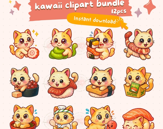 Kawaii Cat and Food PNG Bundle Cute Kitten Clipart Set Cat Lover Cat ...