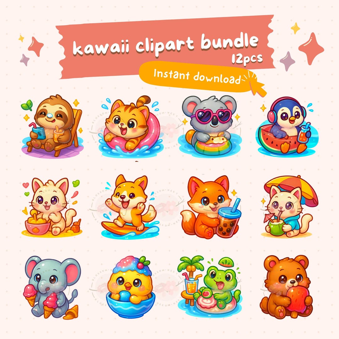 Kawaii Summer Beach Animals Clipart Bundle, Cute Summer Png, Chibi ...