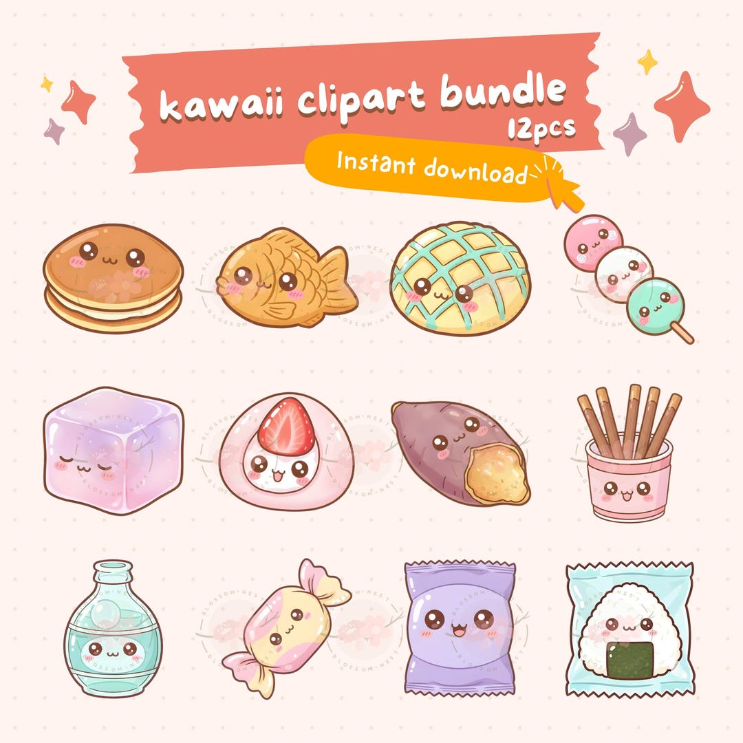 Kawaii Japanese Snacks Clipart Bundle PNG, Chibi Sweets and Desserts ...