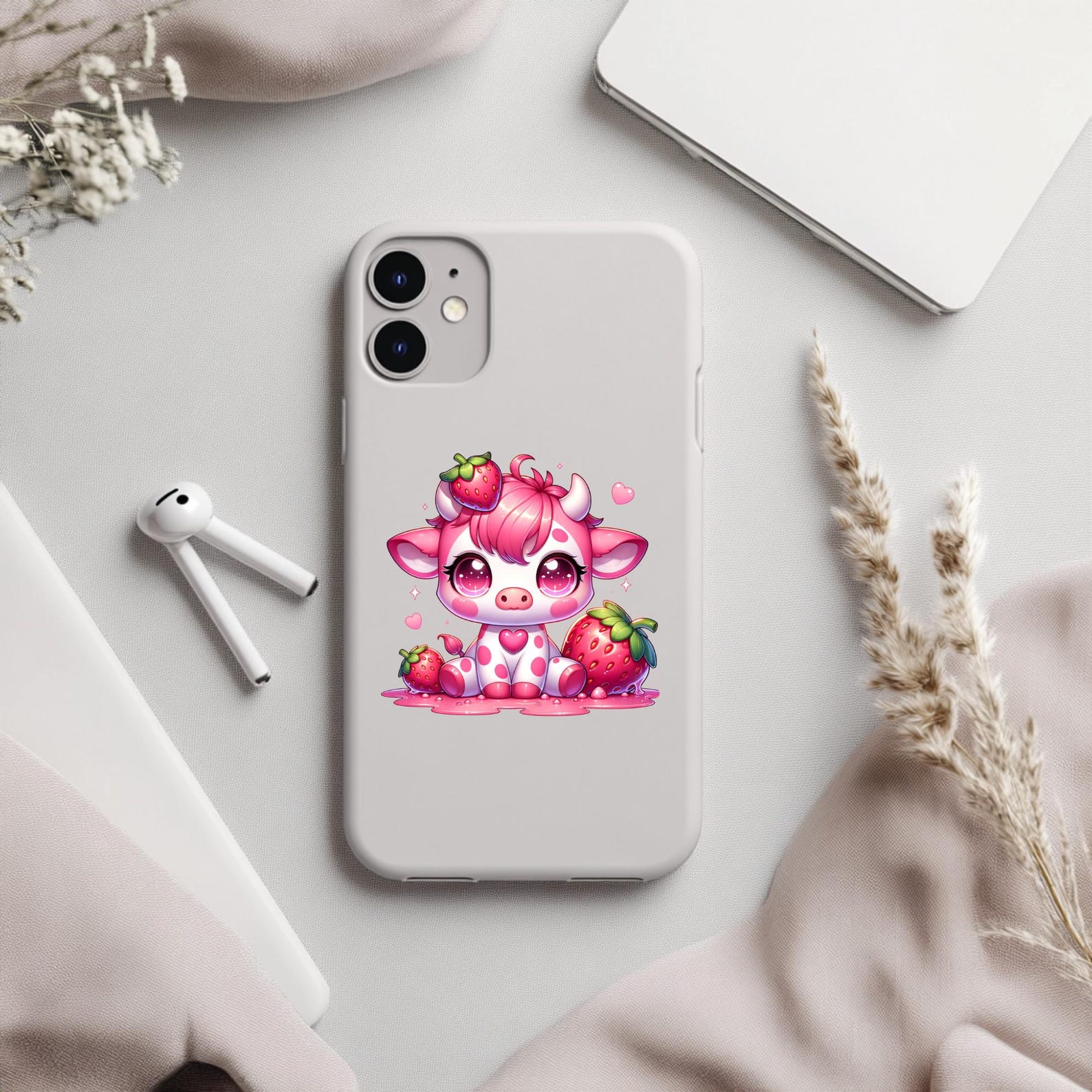 Kawaii Pink Strawberry Cow Png, Pink Cow Sticker, Kawaii Pink Animals ...