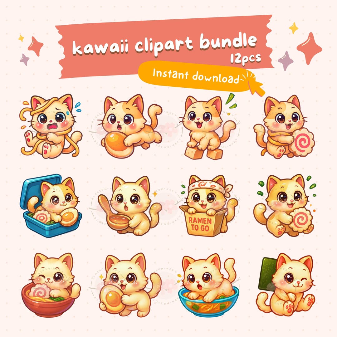 Kawaii Cat Clipart Bundle Png With Japanese Food Snacks, Chibi Kitty ...