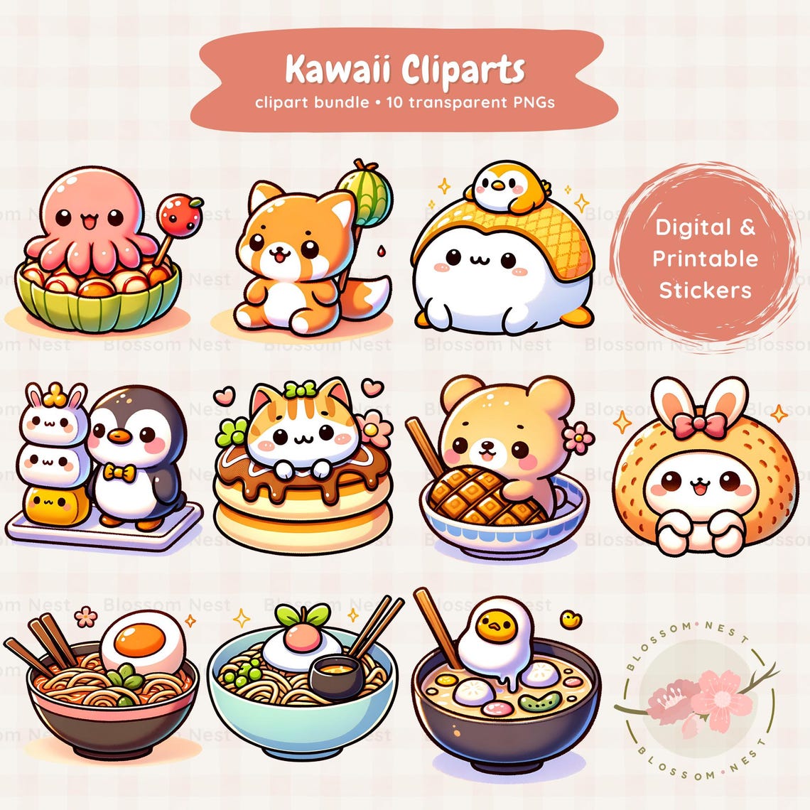 Kawaii Japanese Food Clipart Bundle, Cute Food PNG, Printable Stickers ...