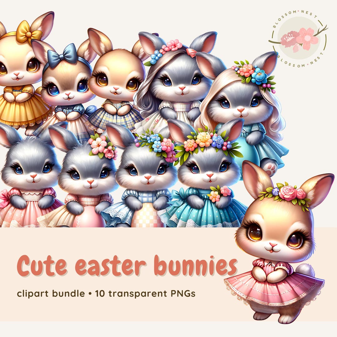 Girl Baby Easter Bunnies Clipart Bundle Png, Cute Bunnies Png, Spring ...