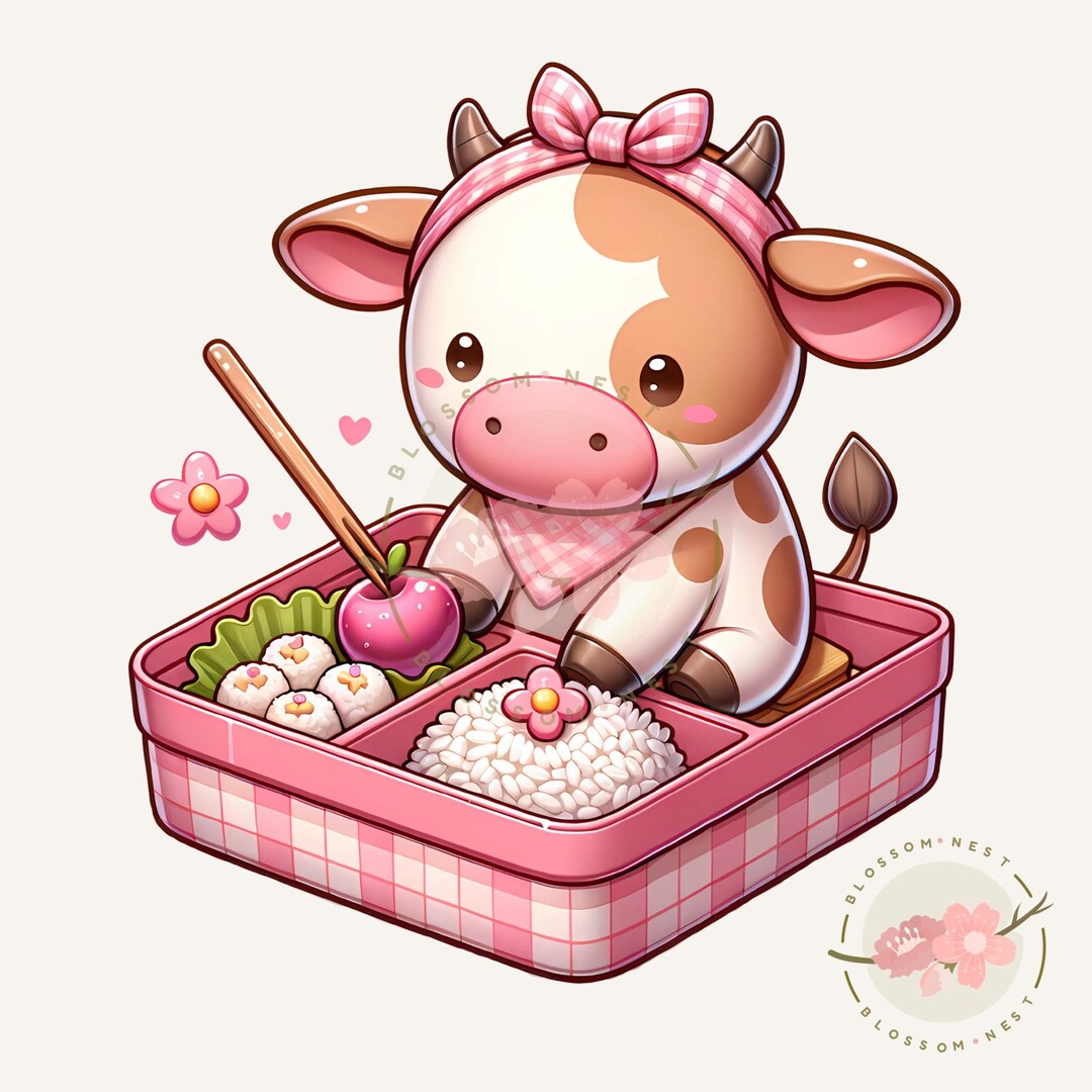 Kawaii Pink Bento Box Cow PNG, Chibi Food Clipart, Baby Cow Sticker ...