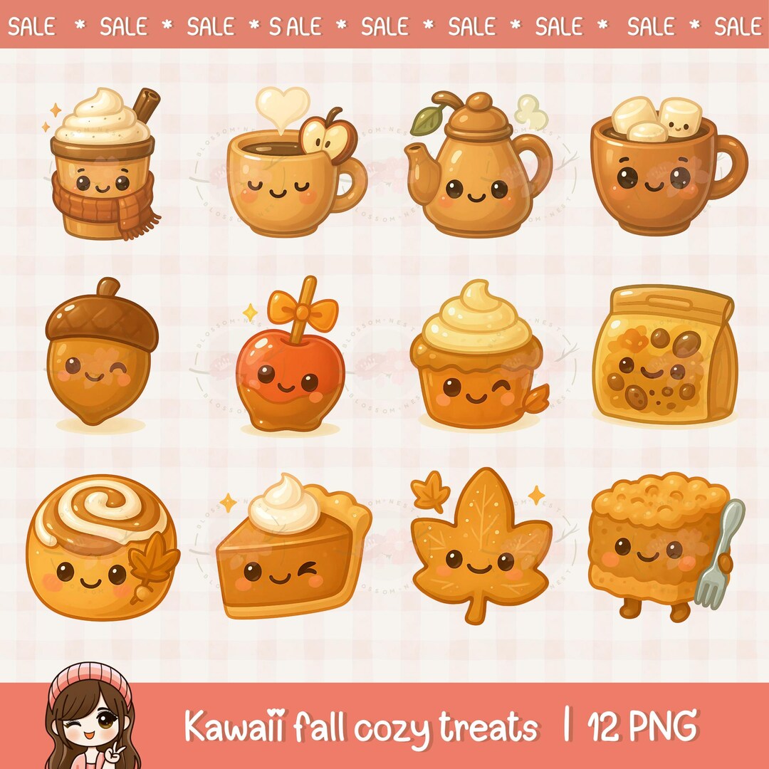 Cute Kawaii Fall Cozy Dessert Clipart Bundle, Autumn Pumpkin Drinks ...