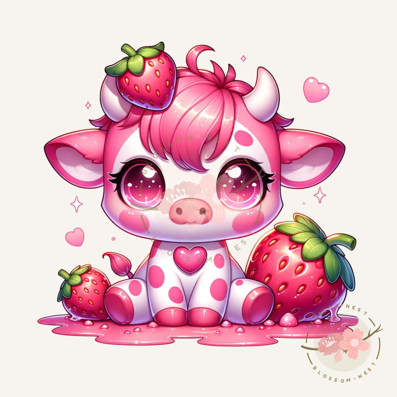 Kawaii Pink Strawberry Cow Png, Pink Cow Sticker, Kawaii Pink Animals ...