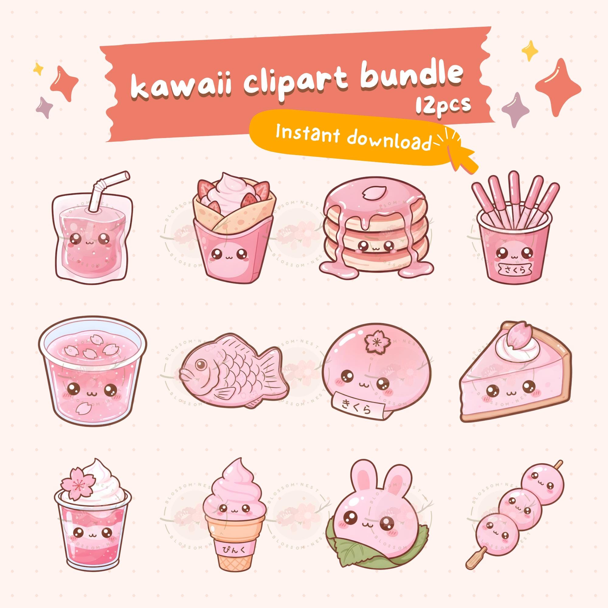 Kawaii Sakura Pink Japanese Food Clipart, 12 Cozy Aesthetic Digital ...