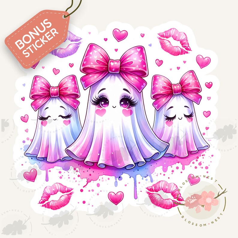 Girly Pink Ghost Clipart PNG, Pink Bow PNG, Valentines Day Designs ...