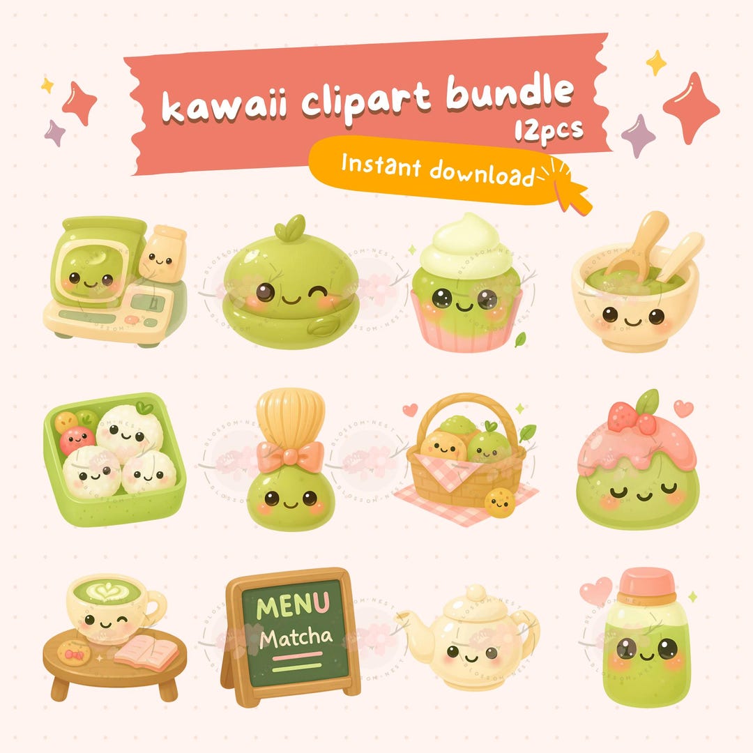 Kawaii Matcha Clipart Bundle Png With Dessert and Tea Items, 12 Chibi ...