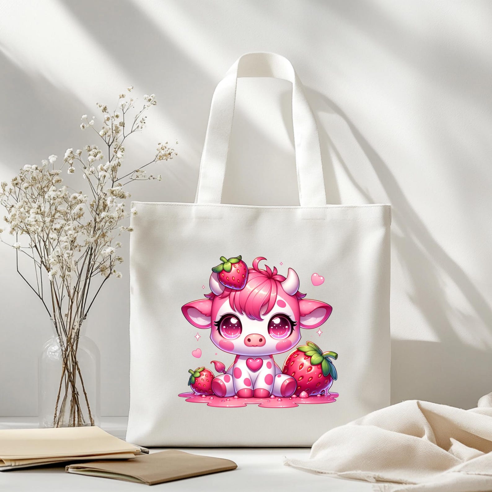 Kawaii Pink Strawberry Cow Png, Pink Cow Sticker, Kawaii Pink Animals ...