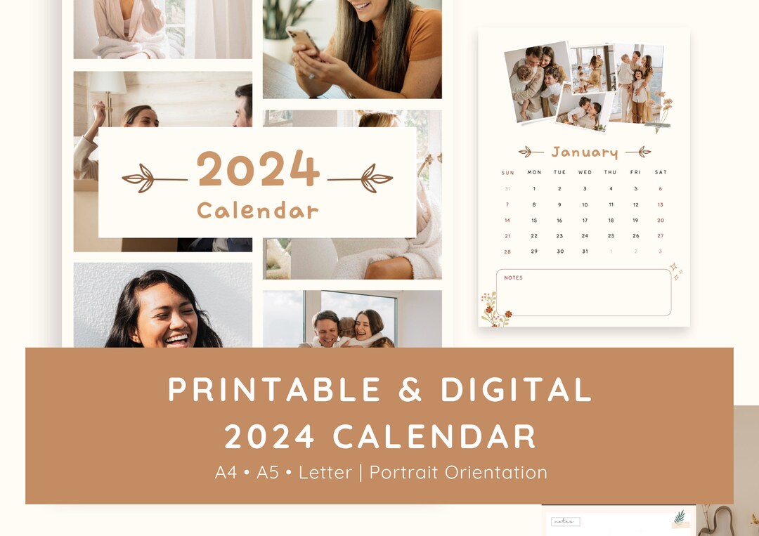 2024 Photo Calendar Digital Calendar Printable Beige Minimalist Monthly ...