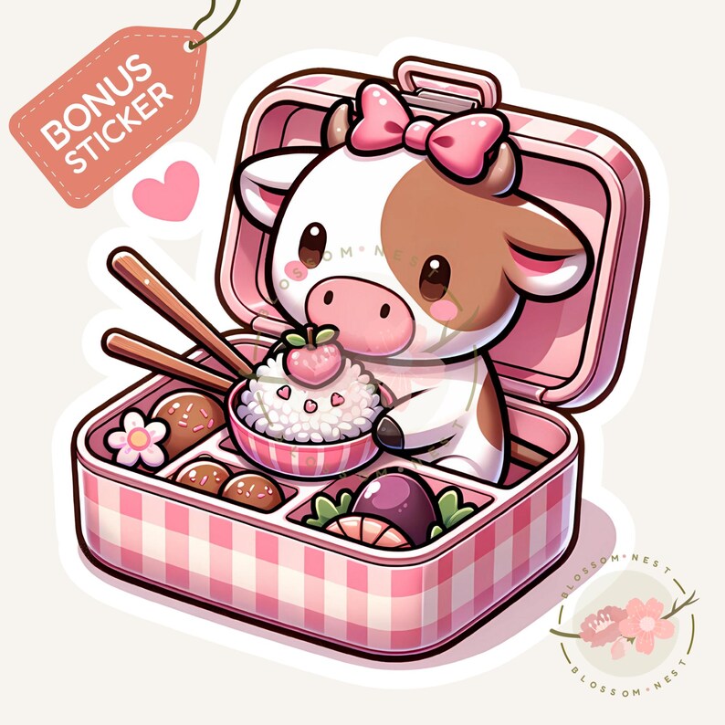 Kawaii Cow Sakura Bentobox Clipart, Cute Pink Cow Lunchbox, Chibi Food ...