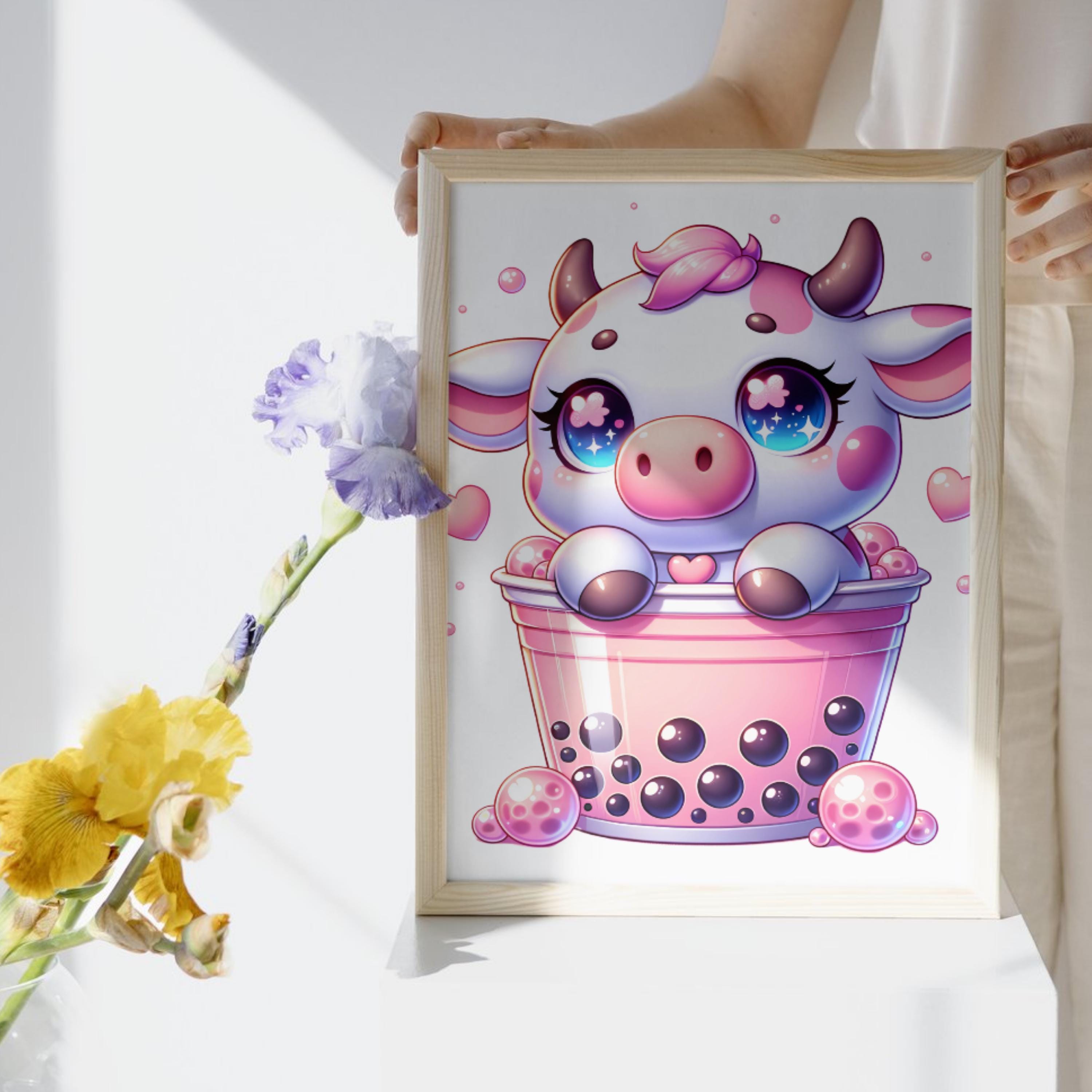 Kawaii Pink Strawberry Boba Cow Png, Pink Cow Sticker, Kawaii Pink ...