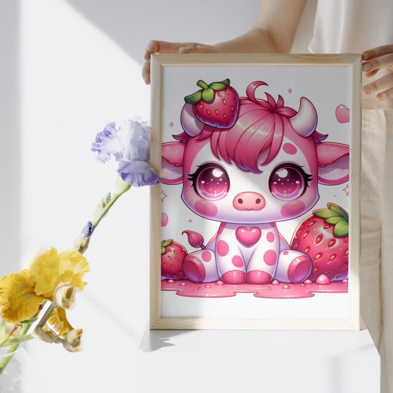 Kawaii Pink Strawberry Cow Png, Pink Cow Sticker, Kawaii Pink Animals ...