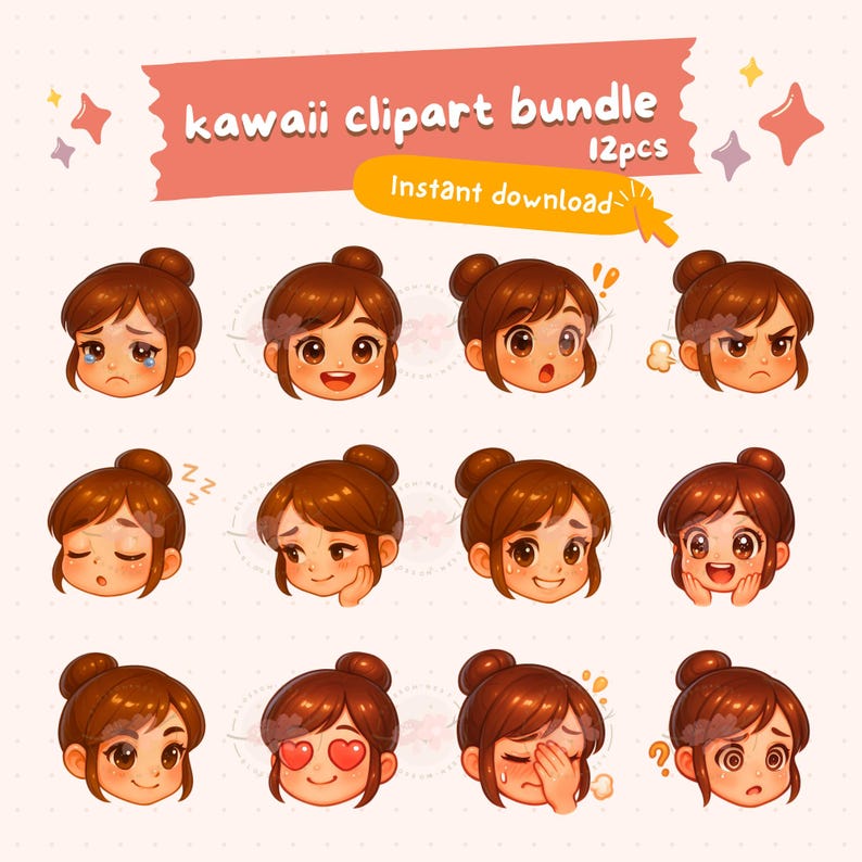 Kawaii Chibi Emoji Faces Clipart Bundle, Cute Face Expressions, Chibi ...