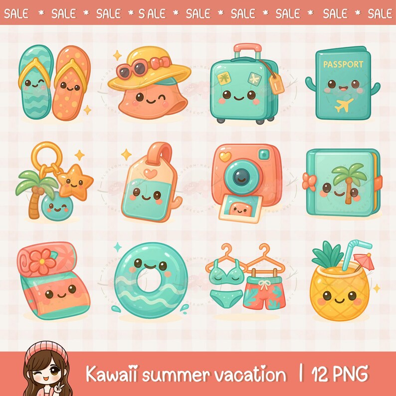 Kawaii Summer Vacation Clipart: Beach Chibi Stickers (PNG Digital ...