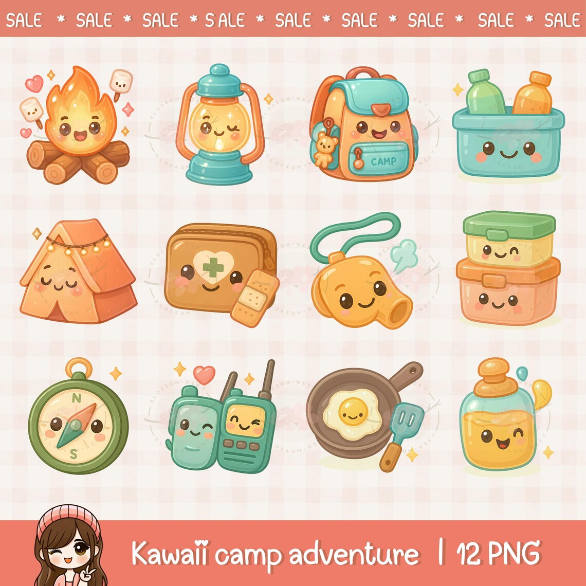 Cute Kawaii Summer Camp Adventure Clipart, Camp Gear, Cute Camping ...