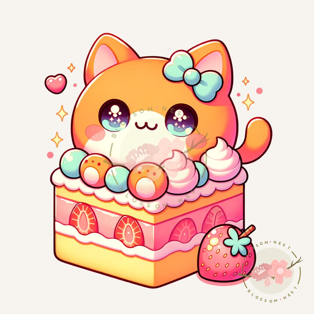 Kawaii Cat Cake Clipart Png, Cute Chibi Dessert Cat, Sublimation Design ...