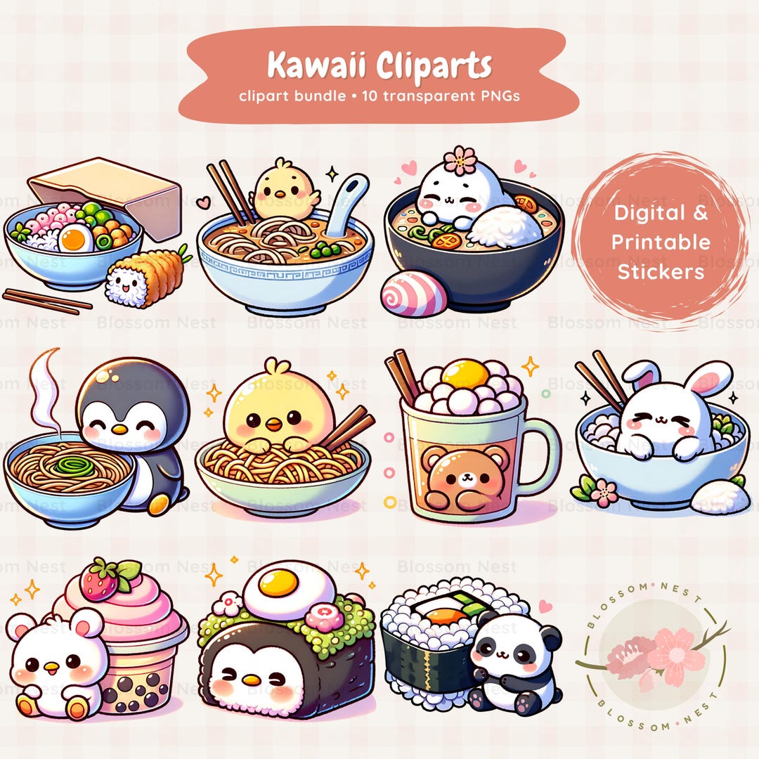 Kawaii Japanese Food Clipart Bundle, Cute Food PNG, Printable Stickers ...