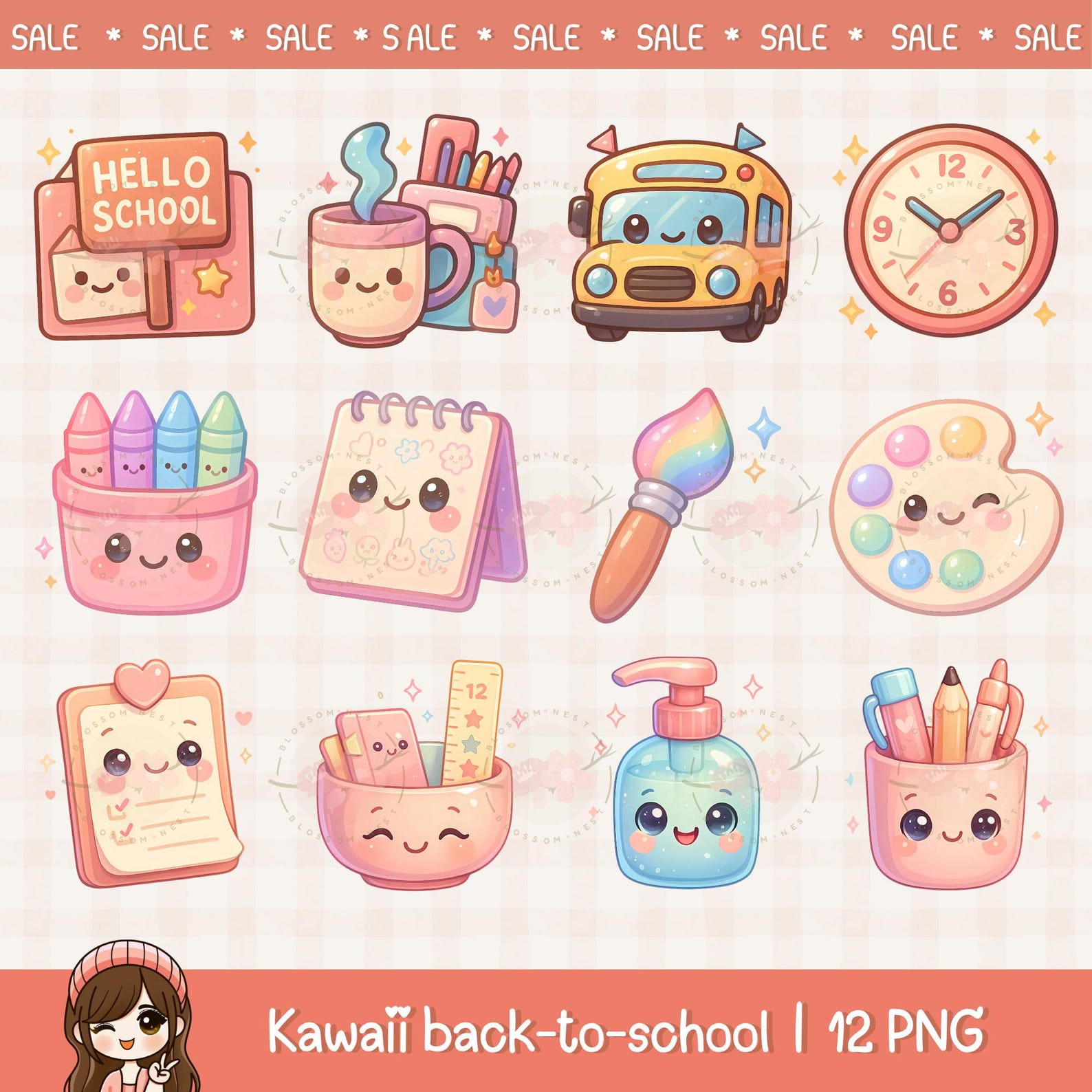 Cute Kawaii Back to School Clipart, Classroom Decor, School Supply Png ...