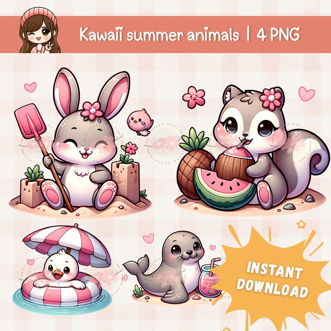 Kawaii Summer Beach Animals Clipart Bundle, Cute Summer Png, Chibi ...