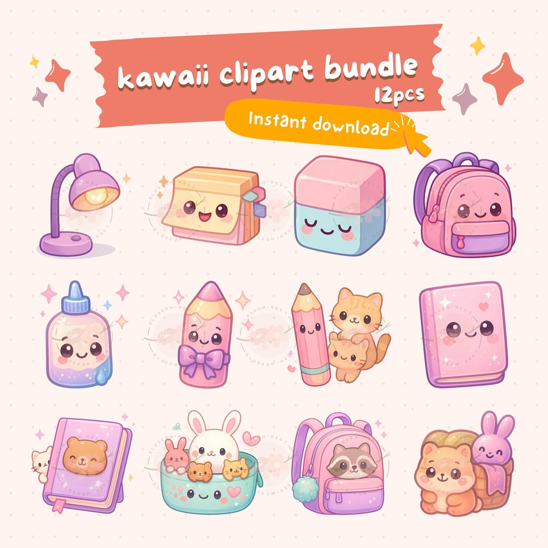 Cute Kawaii Back to School Clipart, Classroom Decor, School Supply Png ...