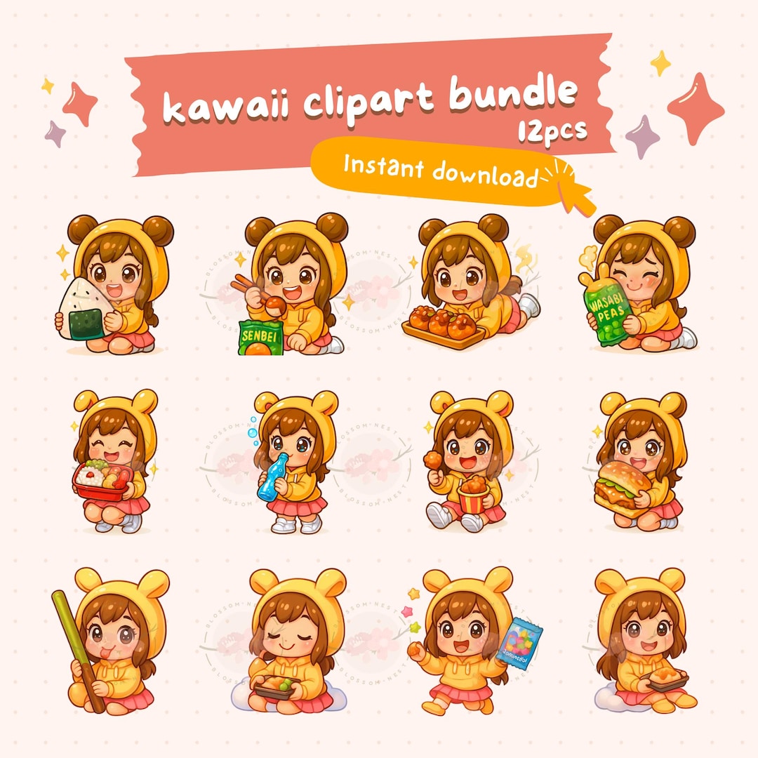 Kawaii Chibi Girl Snack Clipart Bundle, Girl Chibi Clipart, Cute Street ...