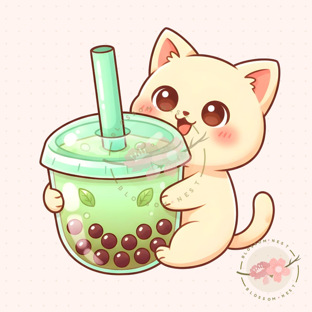 Kawaii Matcha Boba Cat Clipart PNG, Cute Chibi Kitty Bubble Tea ...