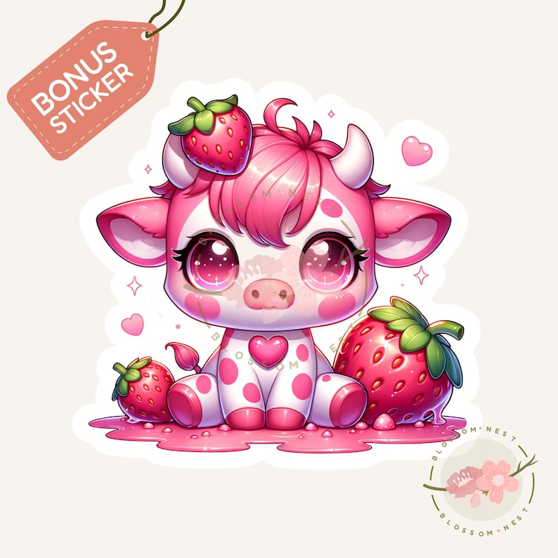 Kawaii Pink Strawberry Cow Png, Pink Cow Sticker, Kawaii Pink Animals ...