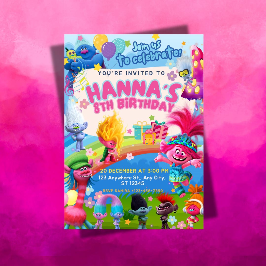 Editable Trolls Invitation Card, Trolls Band Together Invitation ...