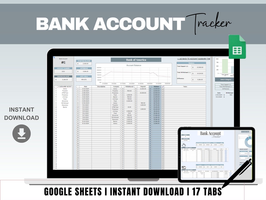 Bank Account Tracker, Finance Spreadsheet, Money Management, Credit ...
