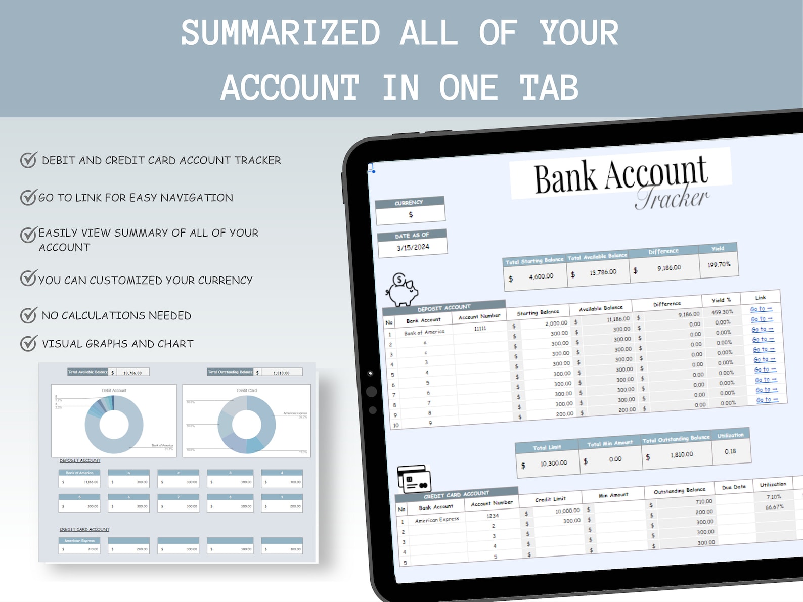 Bank Account Tracker, Finance Spreadsheet, Money Management, Credit ...