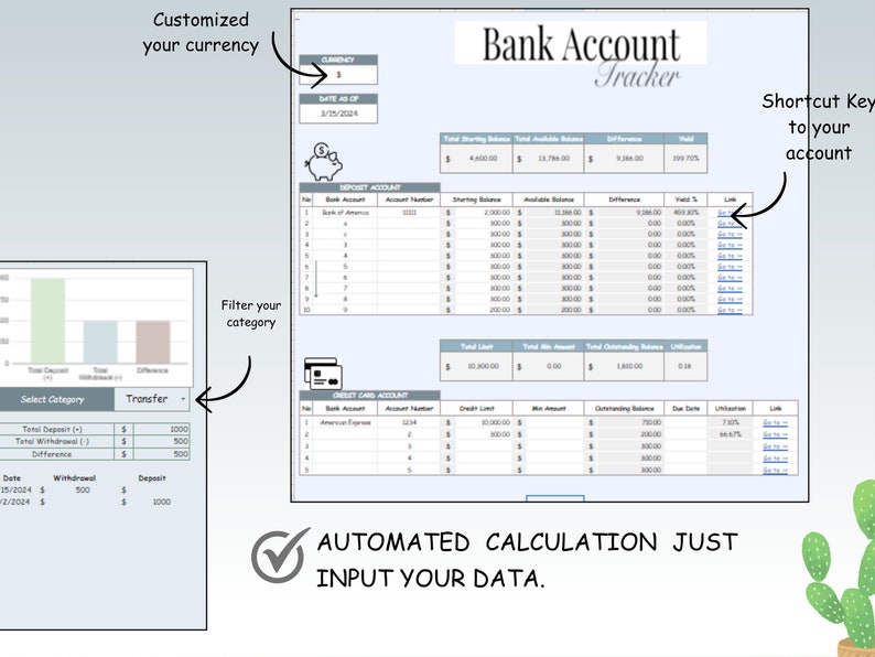 Bank Account Tracker, Finance Spreadsheet, Money Management, Credit ...