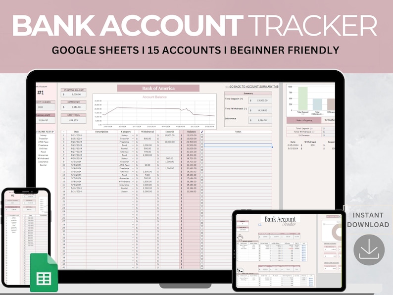 Bank Account Tracker, Google Sheets Financial Tracker, Savings Planner ...
