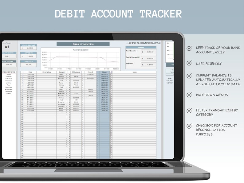 Bank Account Tracker, Finance Spreadsheet, Money Management, Credit ...