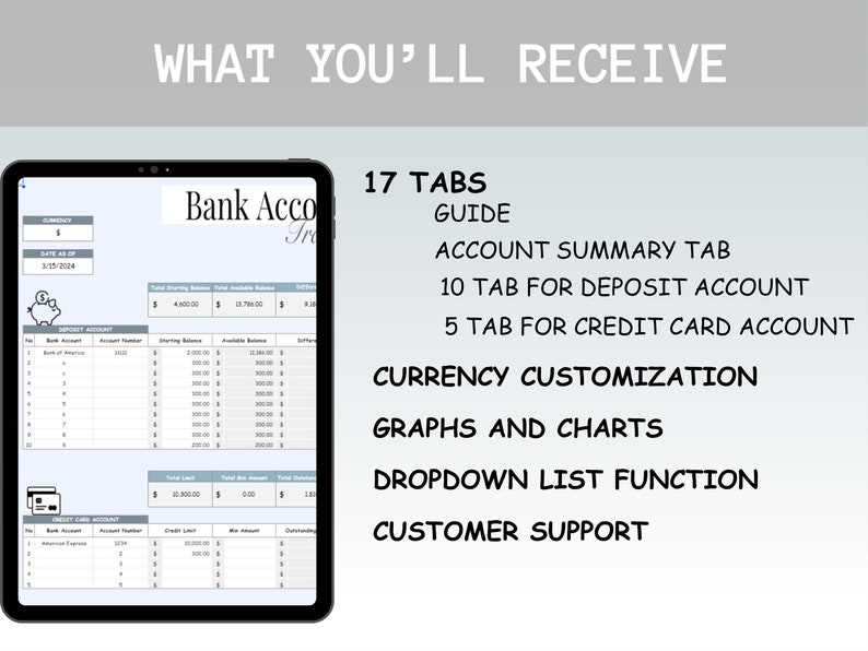 Bank Account Tracker, Finance Spreadsheet, Money Management, Credit Card Tracker, Bank Account ...